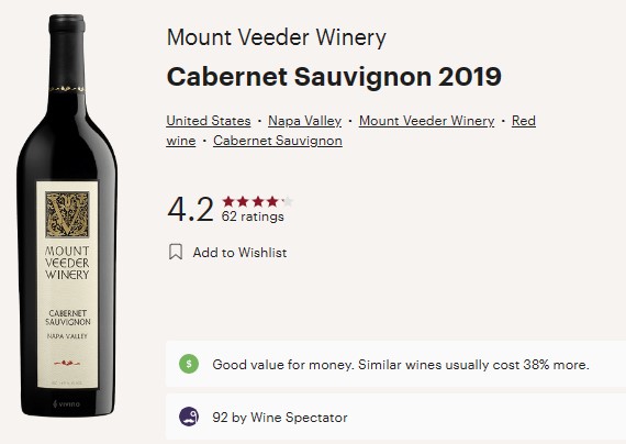 » Mount Veeder Winery 2019 Cabernet Sauvignon