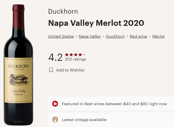 » Duckhorn 2020 Merlot Napa Valley