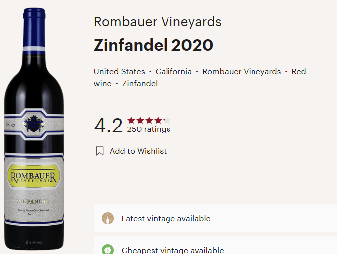 » Rombauer Vineyards 2020 Zinfandel