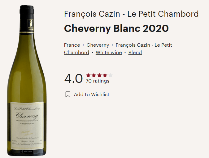 » Francois Cazin 2020 Le Petit Chambord Cheverny Blanc